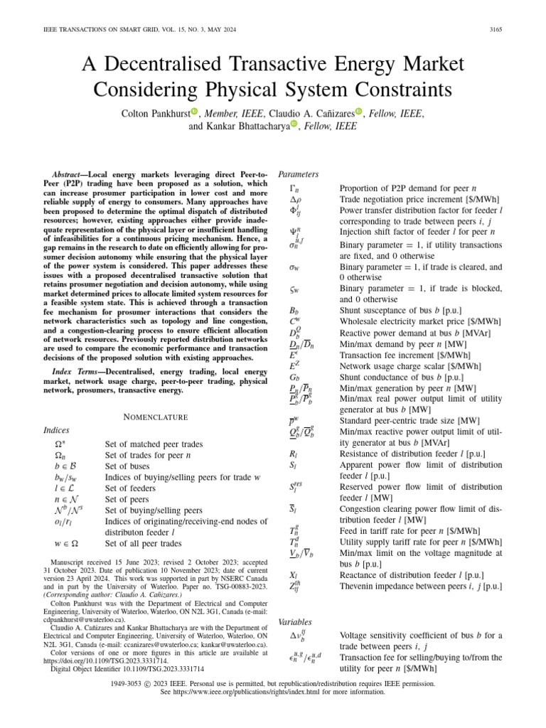 A Decentralised Transactive Energy Market Considering Physical System ...