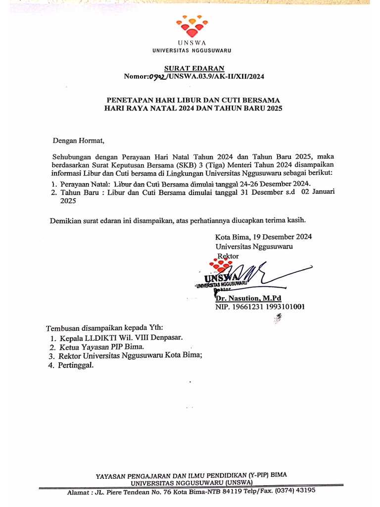 Surat Edaran Libur Dan Cuti Bersama UNSWA 2024-2025 | PDF