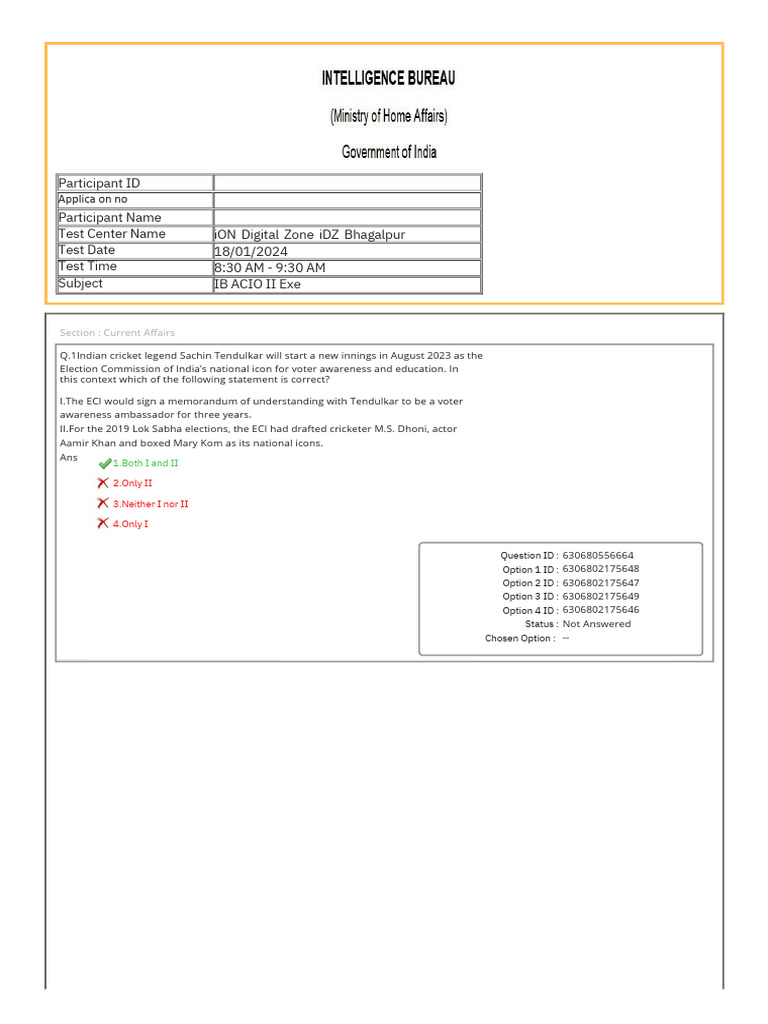Ib Acio Question Paper 2024 18 January Shift 1 | PDF