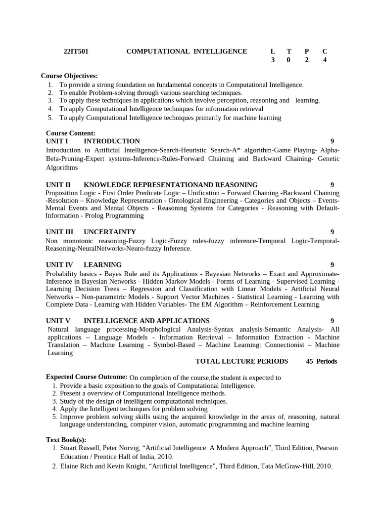 22IT501-Computational Intelligence-Theory Cum Practical Syllabus | PDF | Machine Learning ...