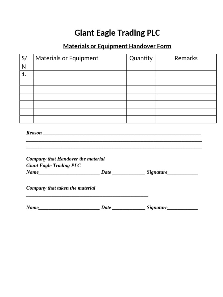 Materials or Equipment Hand Over Form | PDF