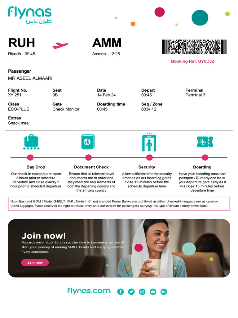 Flynas - BoardingPass - PNR UY6D3Z - 14 Feb 2024 Riyadh - Amman For Mr. Aseel Almaari | PDF