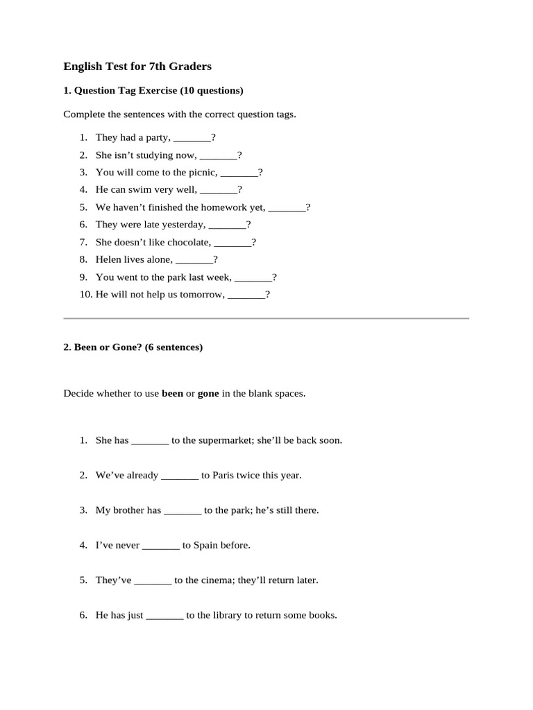 7th Grade English Test Questions | PDF