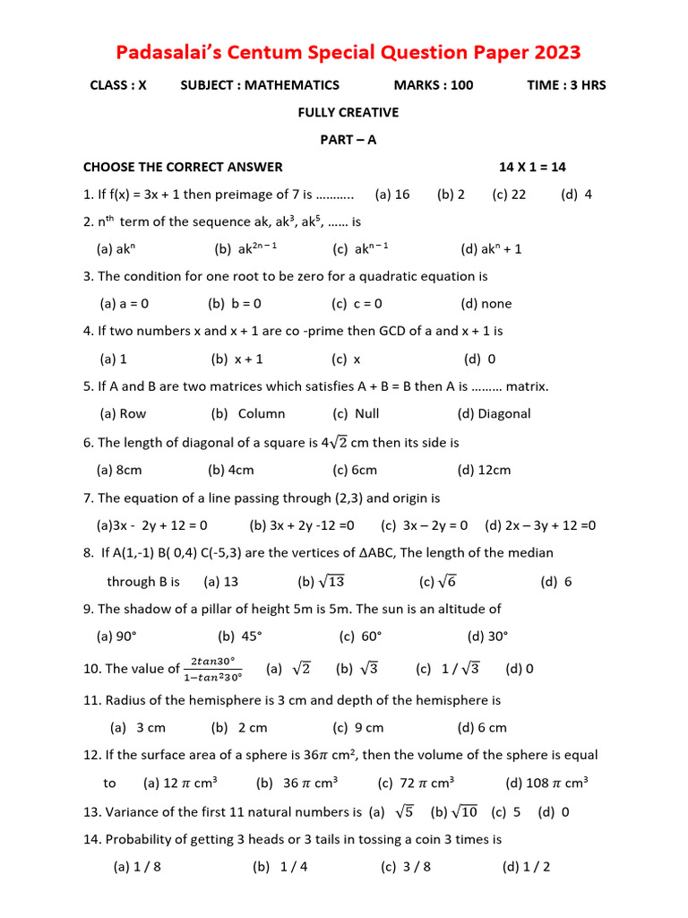 10th Maths EM Centum Special Question Paper English Medium PDF Download | PDF | Sphere | Euclid