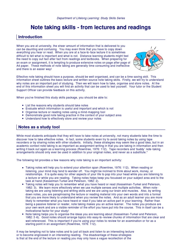 Note Taking Skills - From Lectures and Readings: Department of Lifelong ...