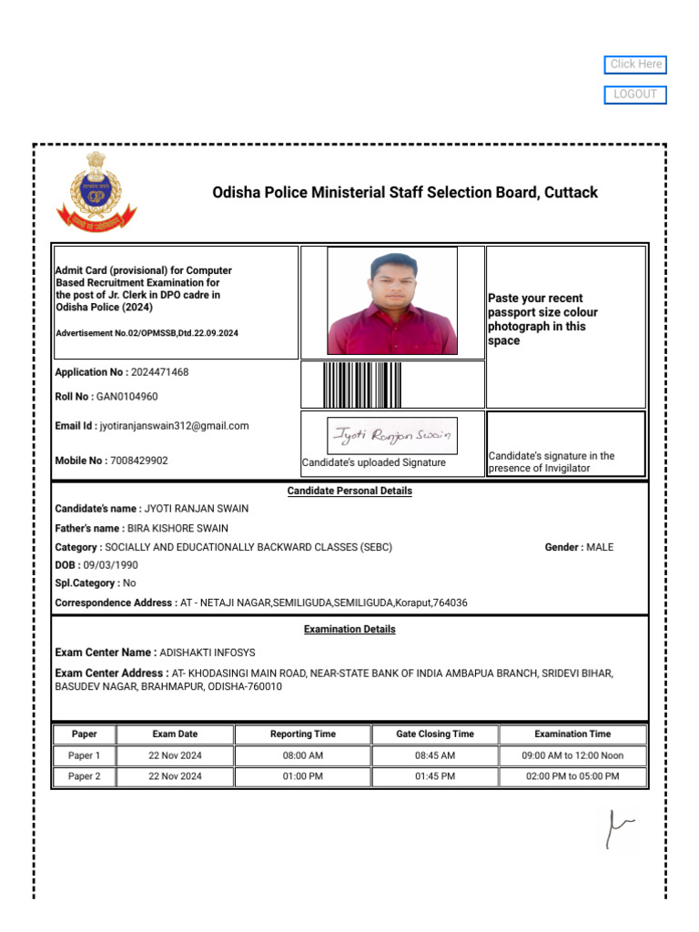 Odisha Clerk - Admit Card | PDF | Identity Document