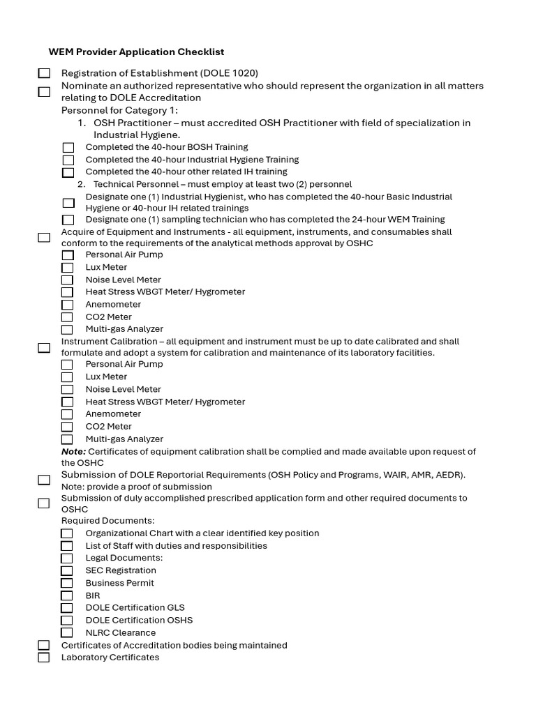 WEM Provider Application Checklist | PDF | Occupational Hygiene