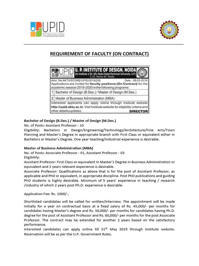 Advt For Faculty Positions 2019 | PDF