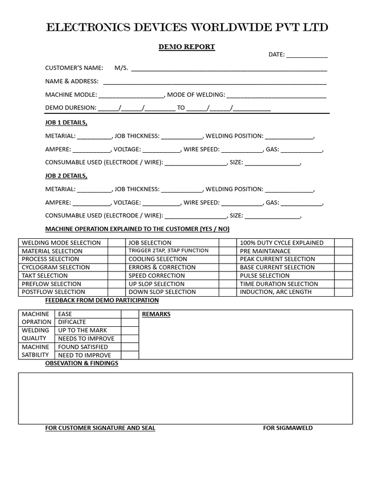 Welding Demo Report Template Pdf