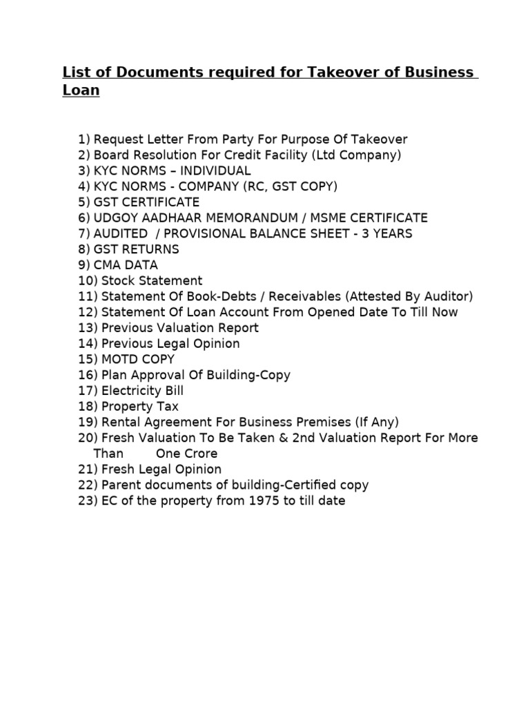 List of Documents Required For Takeover of Business Loan | PDF