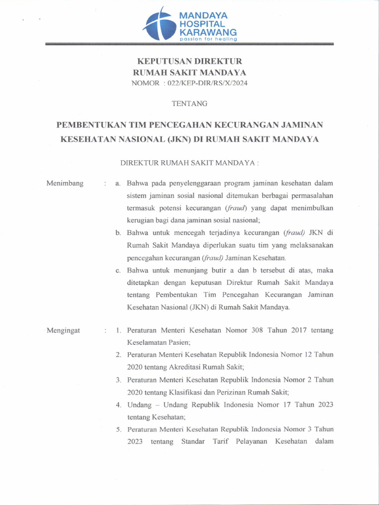 Sk Pembentukan Tim Pencegahan Kecurangan Jaminan Kesehatan Nasional (Jkn) | PDF