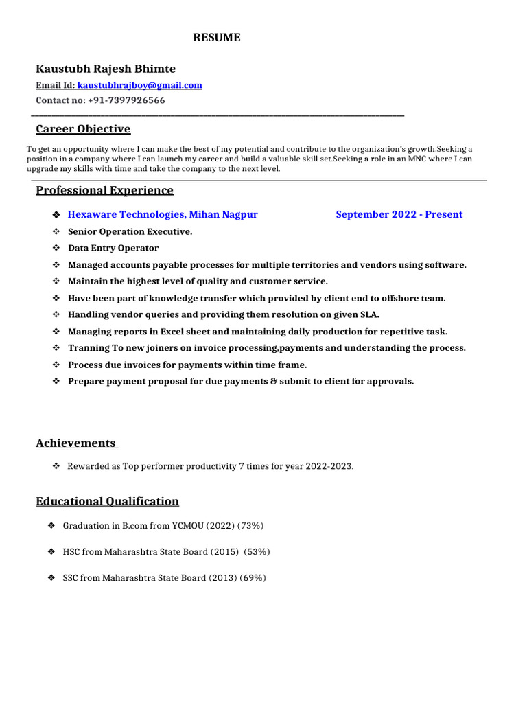 Kaustubh Bhimte-Resume Updated 2024may | PDF | Accounts Payable | Computing