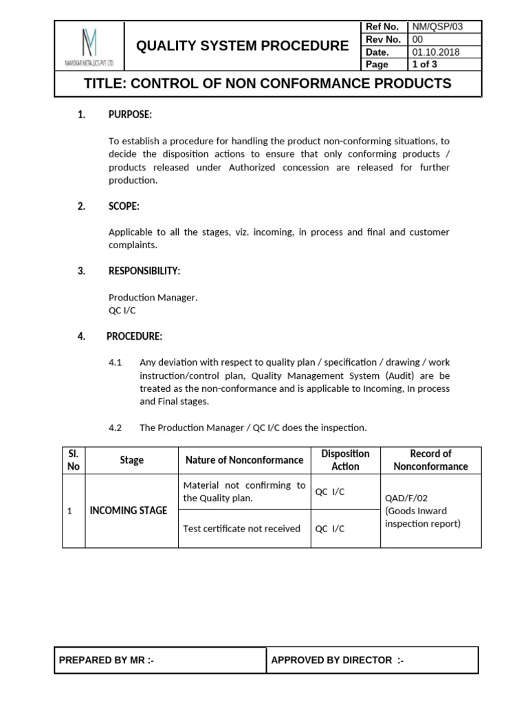 NM-QSP-03 PROCEDURE FOR CONTROL OF NC PRODUCT | PDF