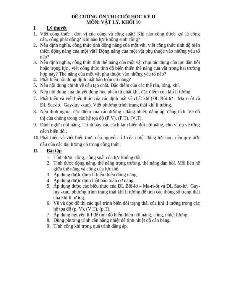 Đề Cương Ôn Thi Cuoi Học Kỳ Ii K10 | PDF