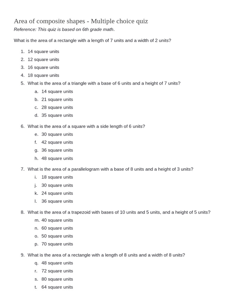 6th Grade Area Quiz: Composite Shapes | PDF | Area | Quantity