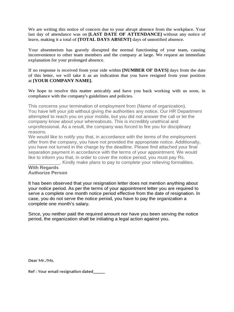 We Are Writing This Notice of Concern Due To Your Abrupt Absence From ...