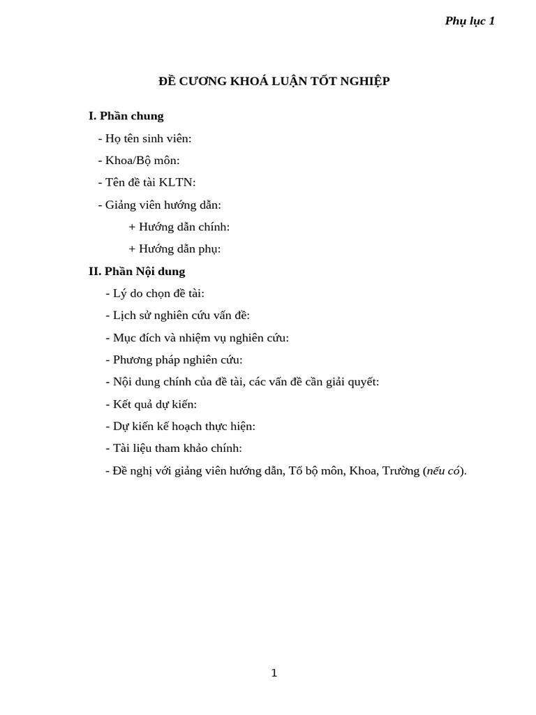 Phu Luc 1. Mau de Cuong KLTN | PDF