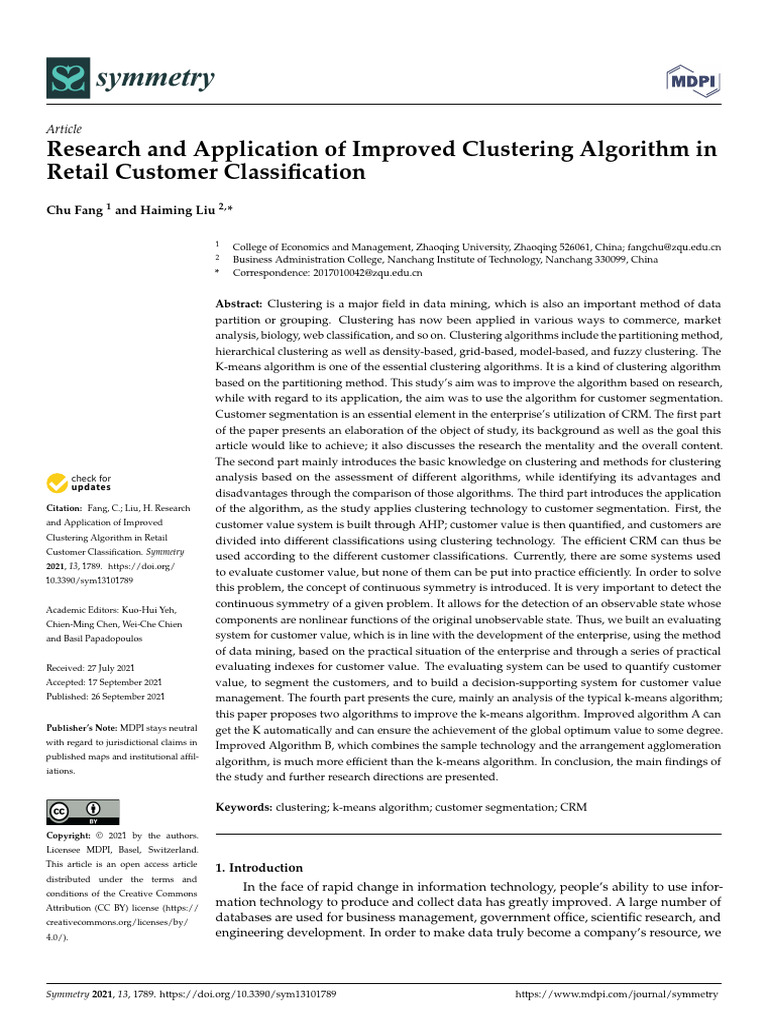 symmetry-13-01789-v2 | PDF | Cluster Analysis | Statistics