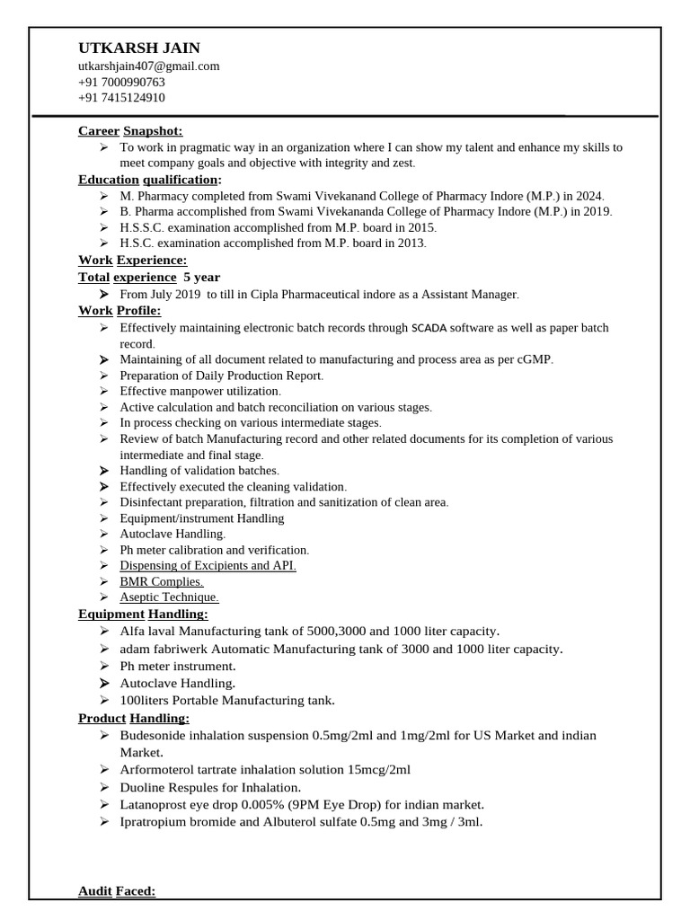 Utkarsh Jain June 2024 Resume Cipla Updated | PDF | Pharmacy