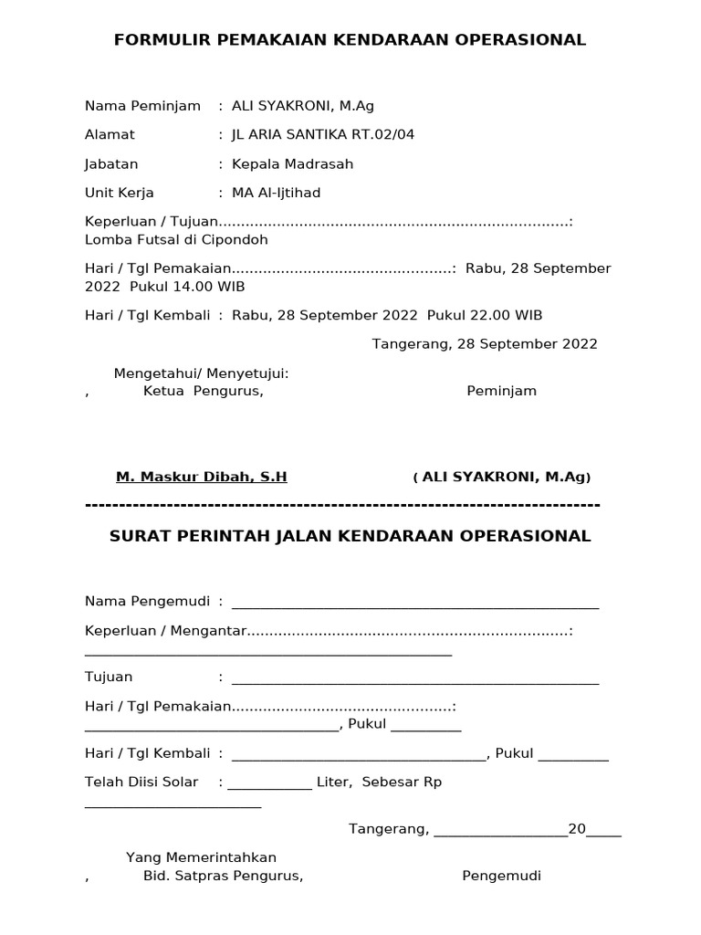 FORMULIR PEMAKAIAN KENDARAAN OPERASIONAL | PDF