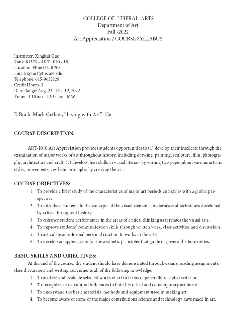 Art Appreciation Syllabus Fall 2022 81373 | PDF | Liberal Arts ...