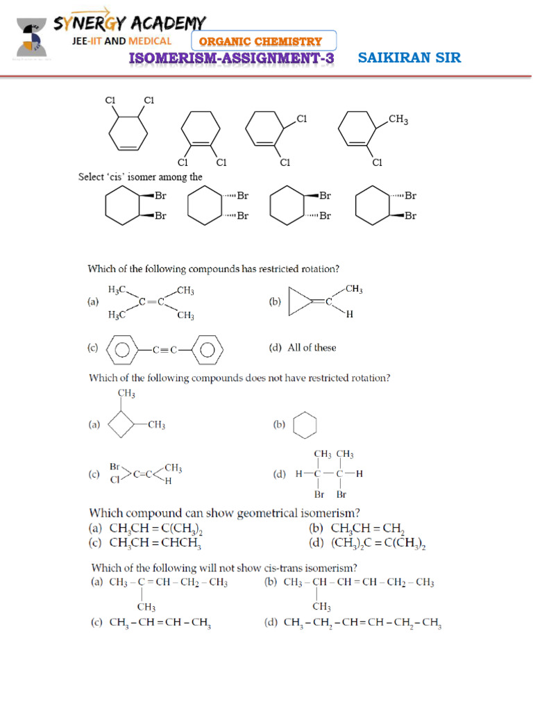 ISOMERISM ASSIGNMENT 3 | PDF | Isomer | Chemistry