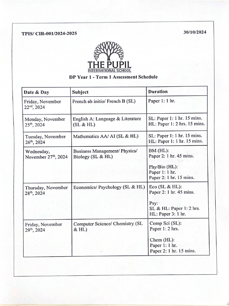 IBDP Year 1 - Term 1 Assessment Schedule | PDF