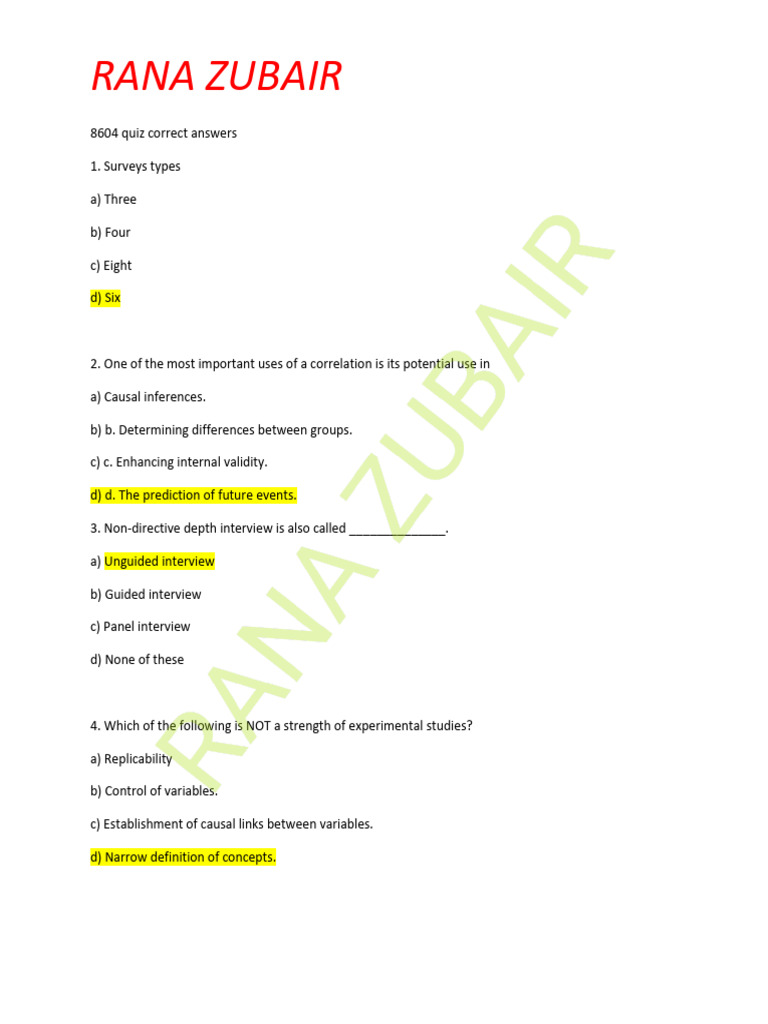 8604 Quiz: Key Concepts and Answers | PDF | Survey Methodology | Experiment