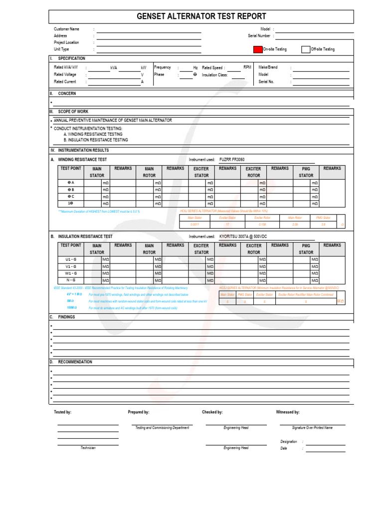 Genset Instrumentation Test Form | PDF | Electricity | Electromagnetism