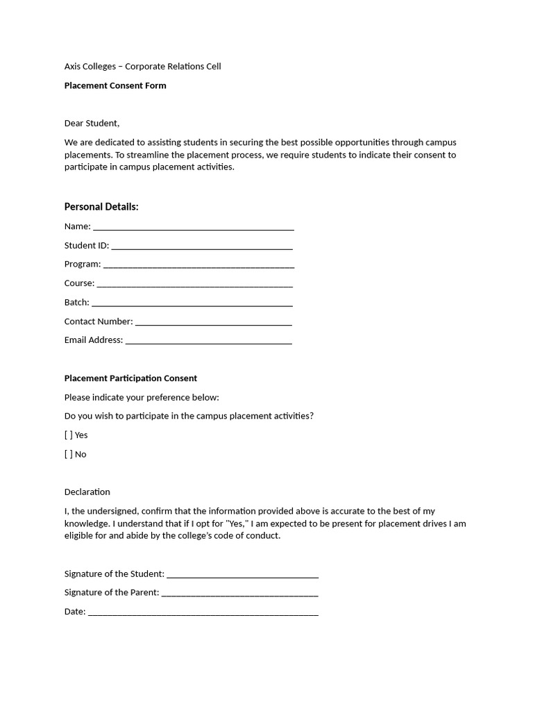 Placement Consent Form Updated | PDF