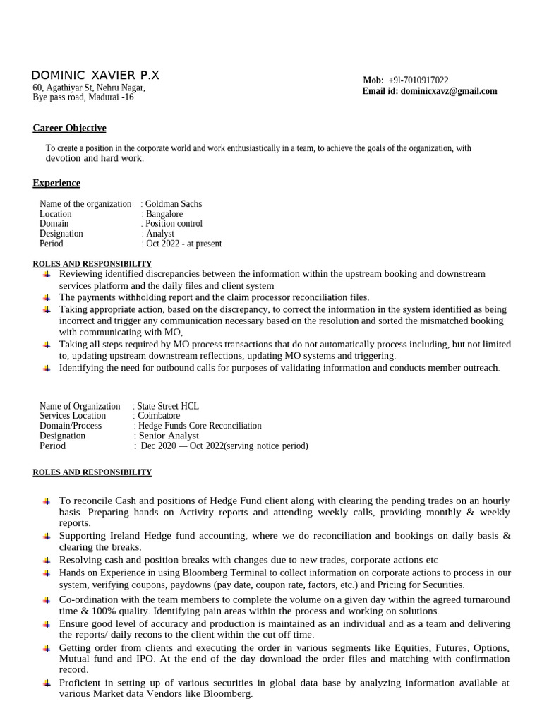 Dominic xavier_ resume22 | PDF | Banks | Loans