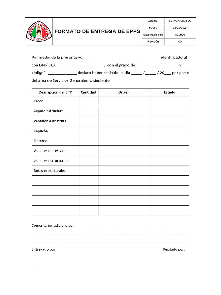 B6-FOR-0002-00 Formato de entrega de EPPs.Rev00 | PDF