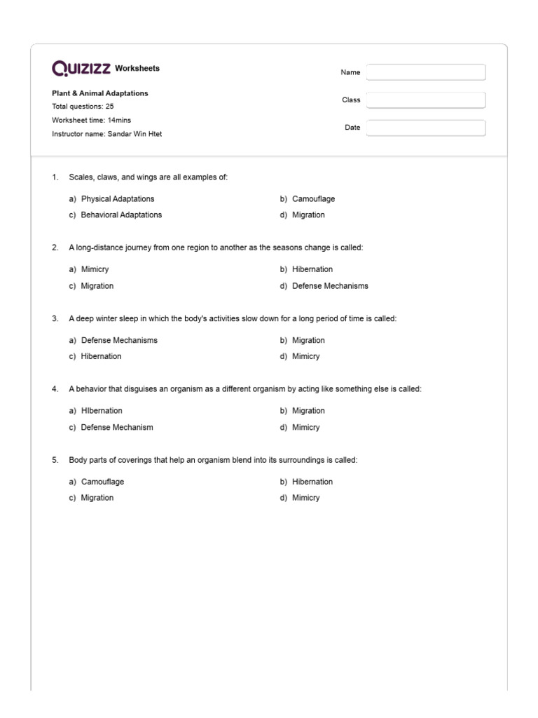 Quizizz - Plant & Animal Adaptations | PDF | Predation | Adaptation