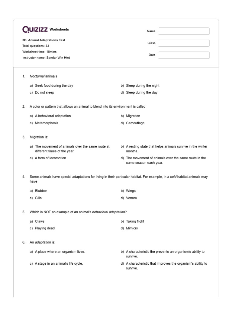 Quizizz - 3B. Animal Adaptations Test | PDF | Predation | Adaptation