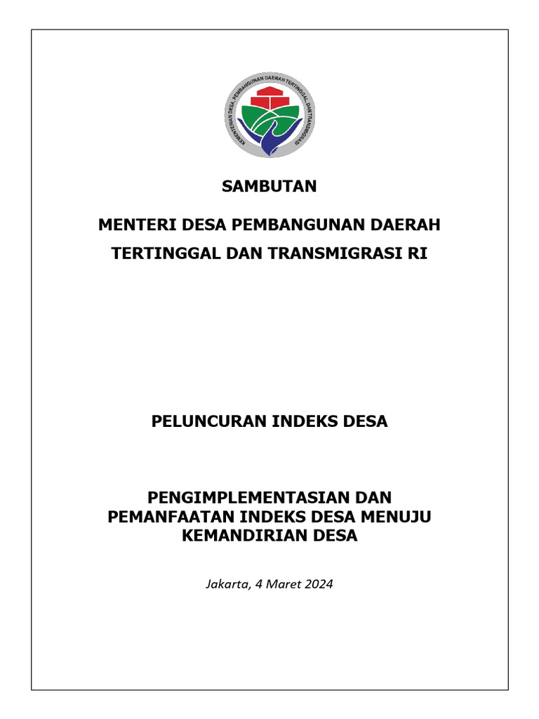 Kemendesa PDTT - Sambutan Peluncuran Indeks Desa (4 Maret 2024) | PDF