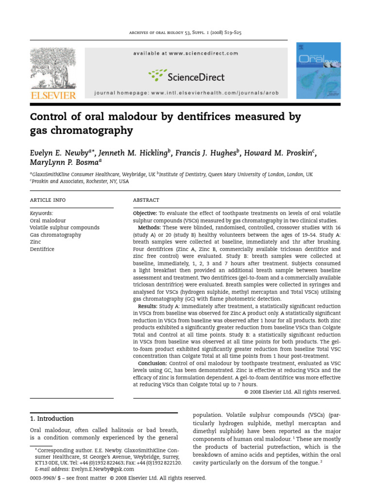 Control of Oral Malodour by Dentifrices | PDF | Gas Chromatography