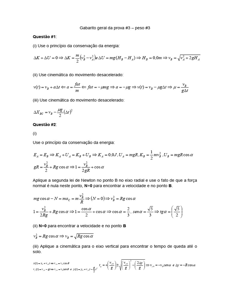 Gabarito Geral Da Prova3-Peso3 | PDF | Física | Movimento (Física)