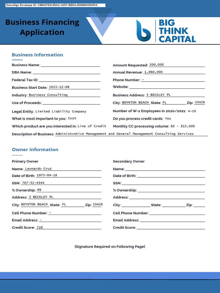 C40b-Big Think Capital Application - Leonardo Cruz | PDF | Credit ...