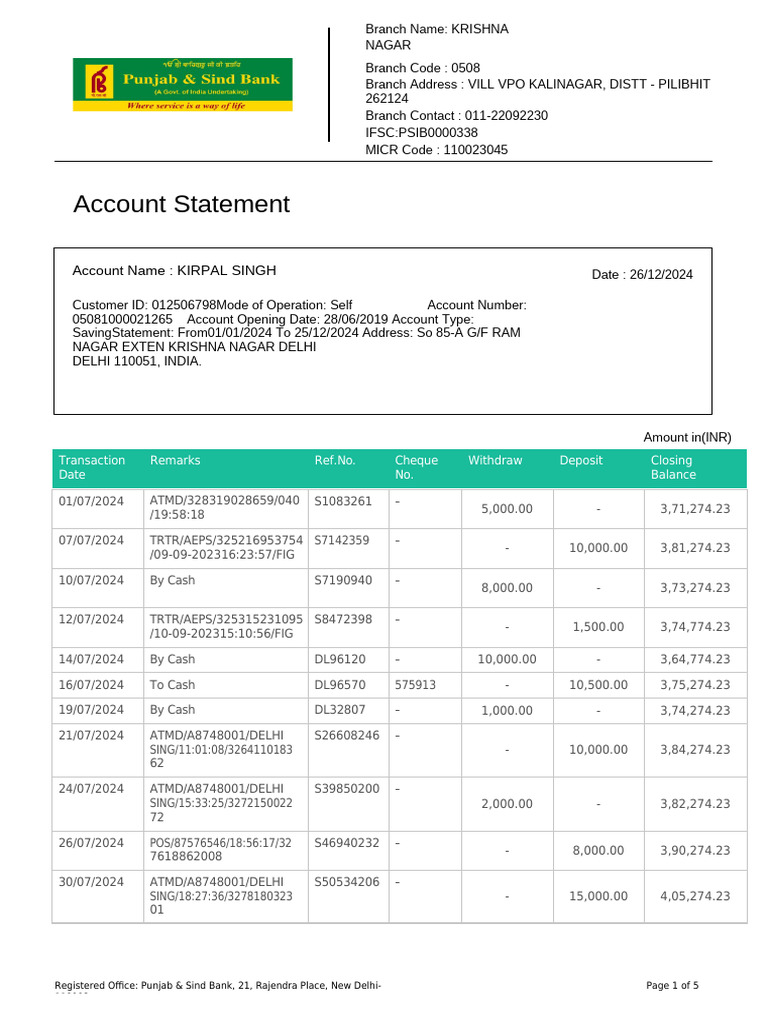 PUNJAB & SIND BANK 5 PAGES SAVING | PDF | Banks | Service Industries