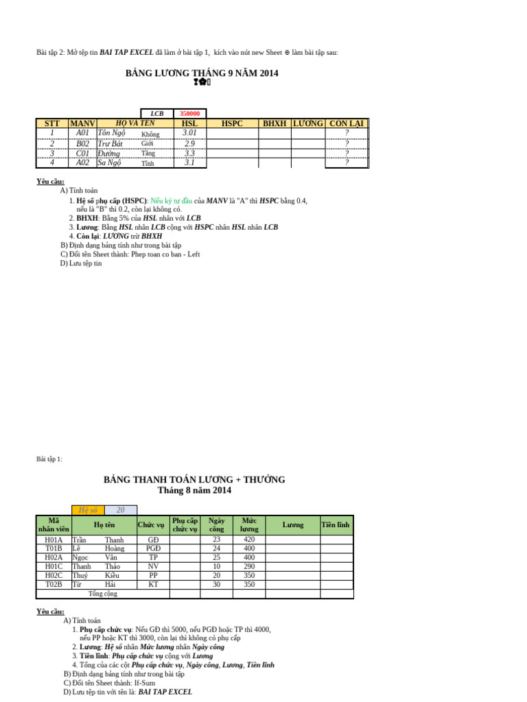 Bai Tap Excel Co Ban | PDF