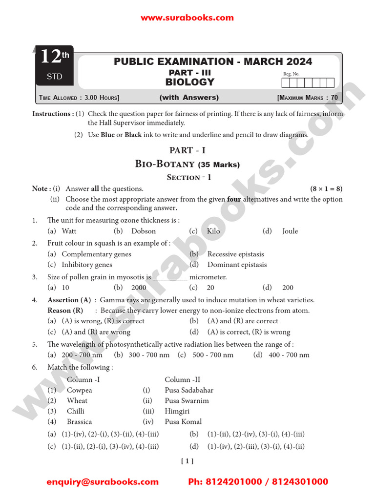 12th Bio Botany Public Exam March 2024 Answer Key English Medium PDF ...