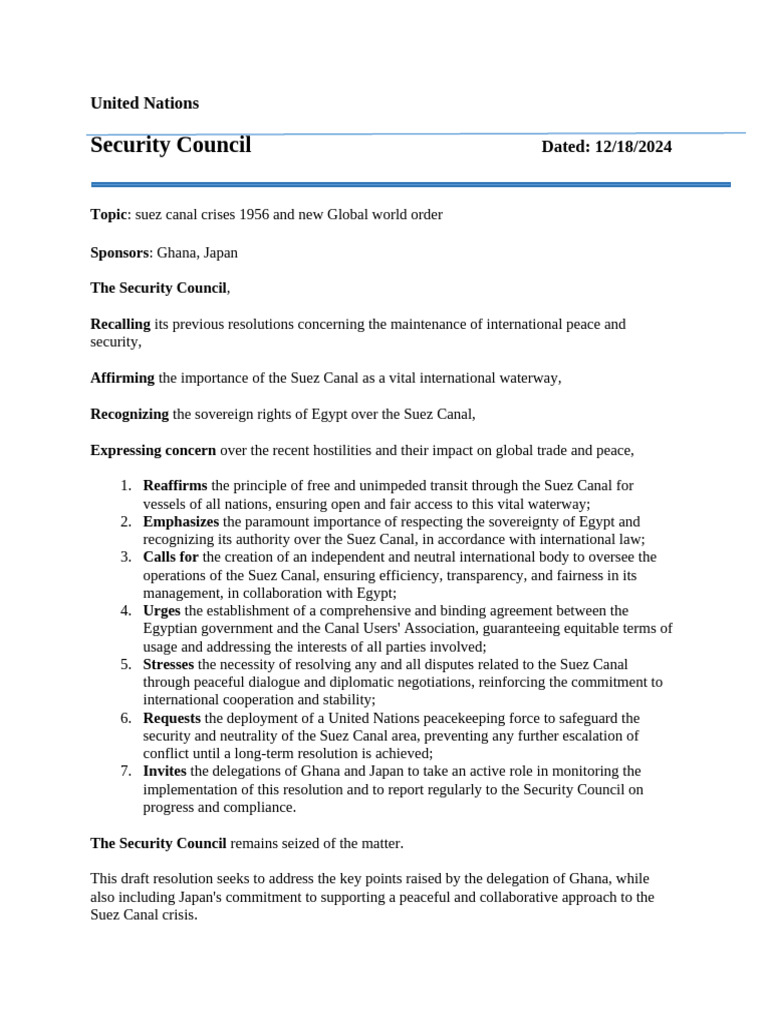 Draft Resolution For MUN Security Council Dated | PDF