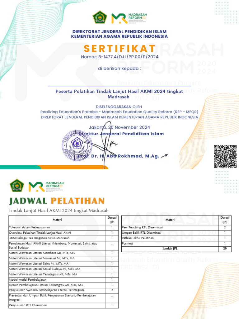 Sertifikat Pelatihan Madrasah 2024 | PDF