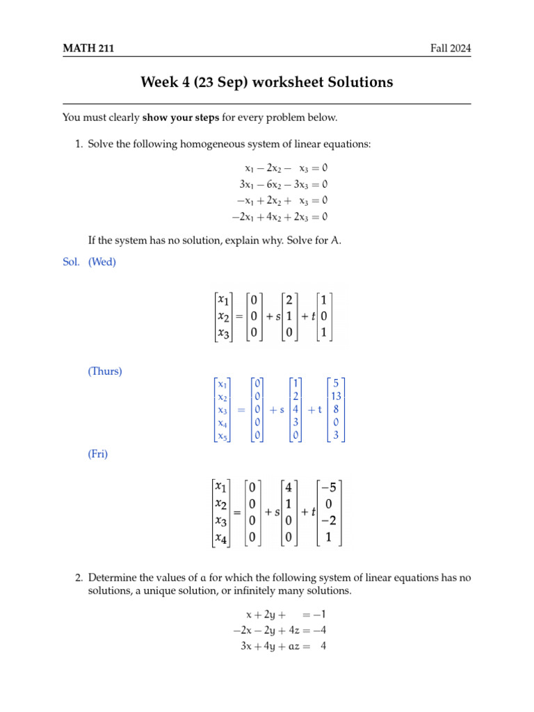 Week 4 Worksheet Answers | PDF | Algebra | Linear Algebra