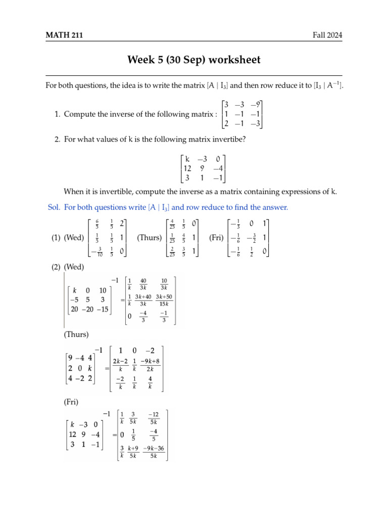 MATH 211 Week 5 Inverse Matrix Worksheet | PDF