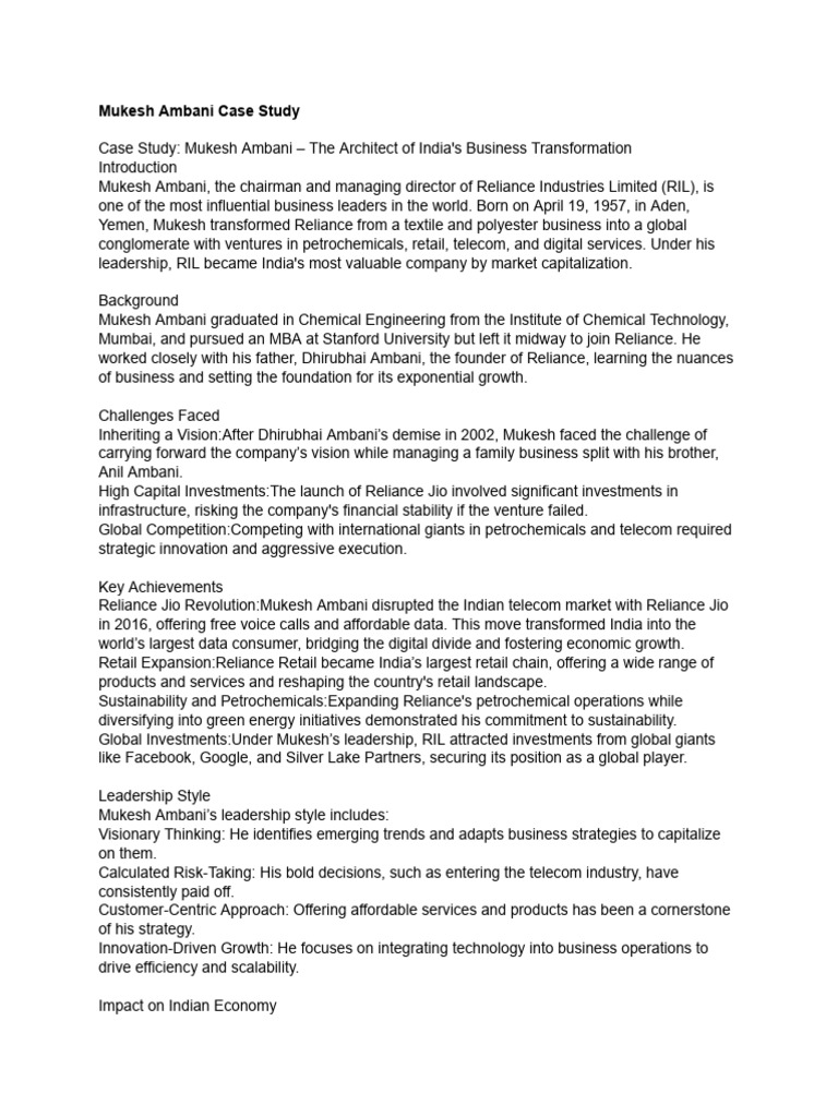 Mukesh Ambani Case Study | PDF | Economies | Business