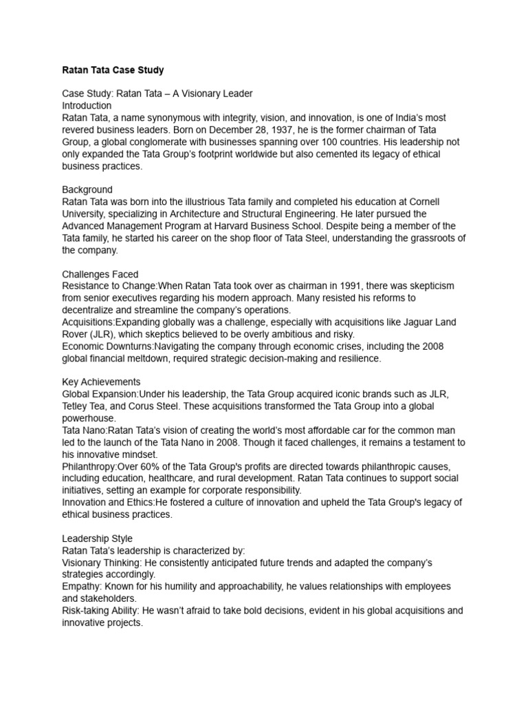 Ratan Tata Case Study | PDF | Leadership | Corporate Social Responsibility