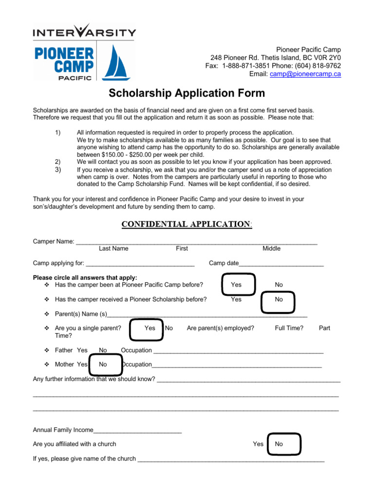 Pioneer Pacific Camp Scholarship Form | PDF