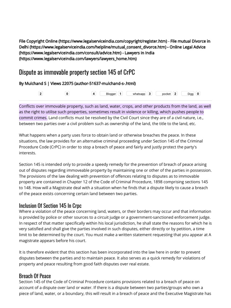 Dispute as Immovable Property Section 145 of CrPC | PDF | Magistrate | Criminal Procedure In ...