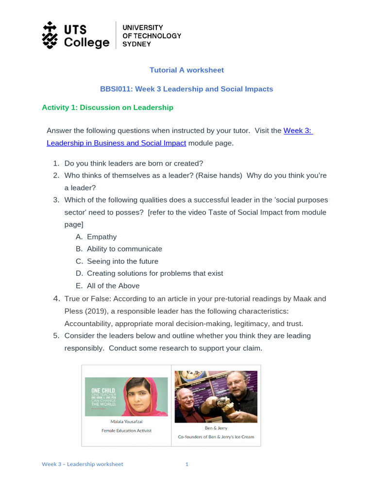 Week 3 - Leadership Worksheet - Sem 3 24 Syd | PDF | Citation | Leadership